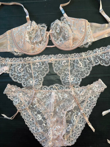Victoria's Secret 38DDD BRA SET+garter+XXL BEIGE SILVER crystal evening ...