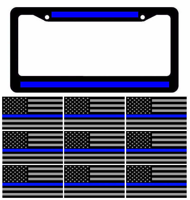 Reflective Thin Blue Line License Plate Frame w/ Blueline Flag Decal ...