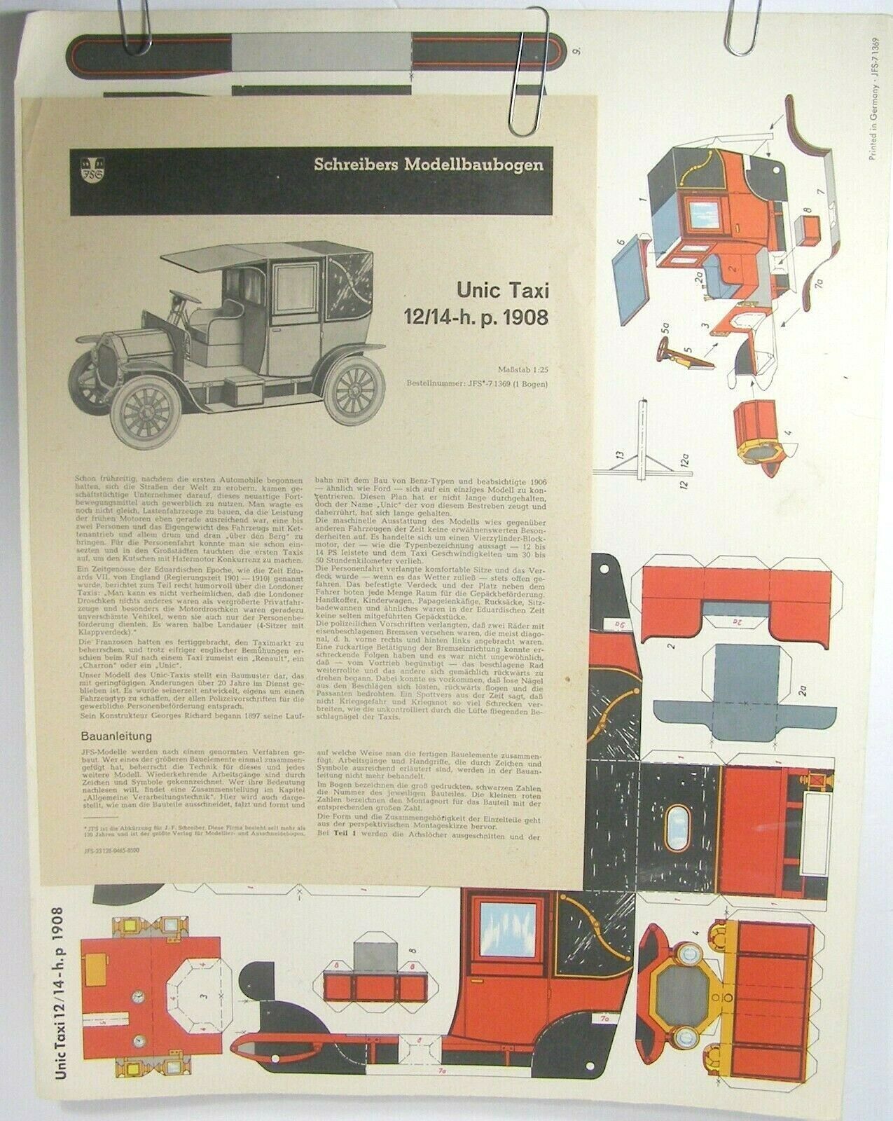 Schreibers Modellbaubogen German Paper Model Unic Taxi 12/14h.p. 1908 ...