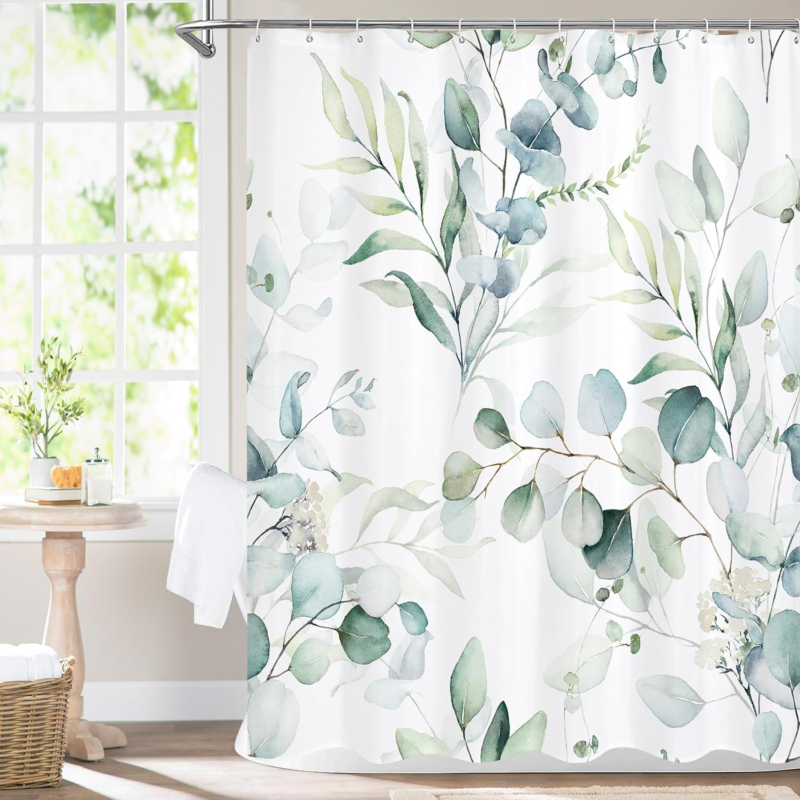 Sage Green Spring Floral Shower Curtain, Modern Plants Botanical Fabric ...