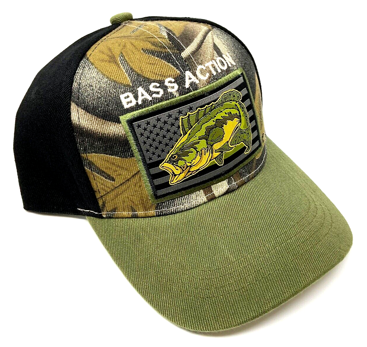 USA AMERICAN FLAG BASS ACTION CAMO OUTDOOR FISHING ANGLER CURVED BILL ...