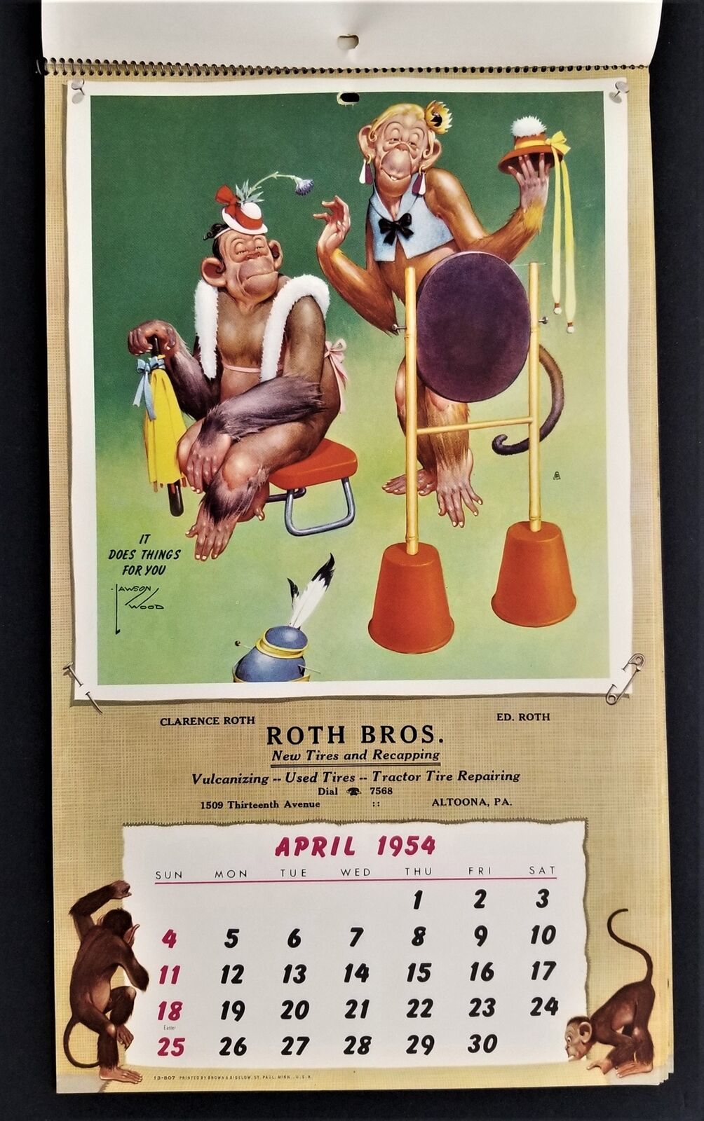 1954 antique LAWSON WOOD MONKEY wall CALENDAR altoona pa ROTH BROS ...