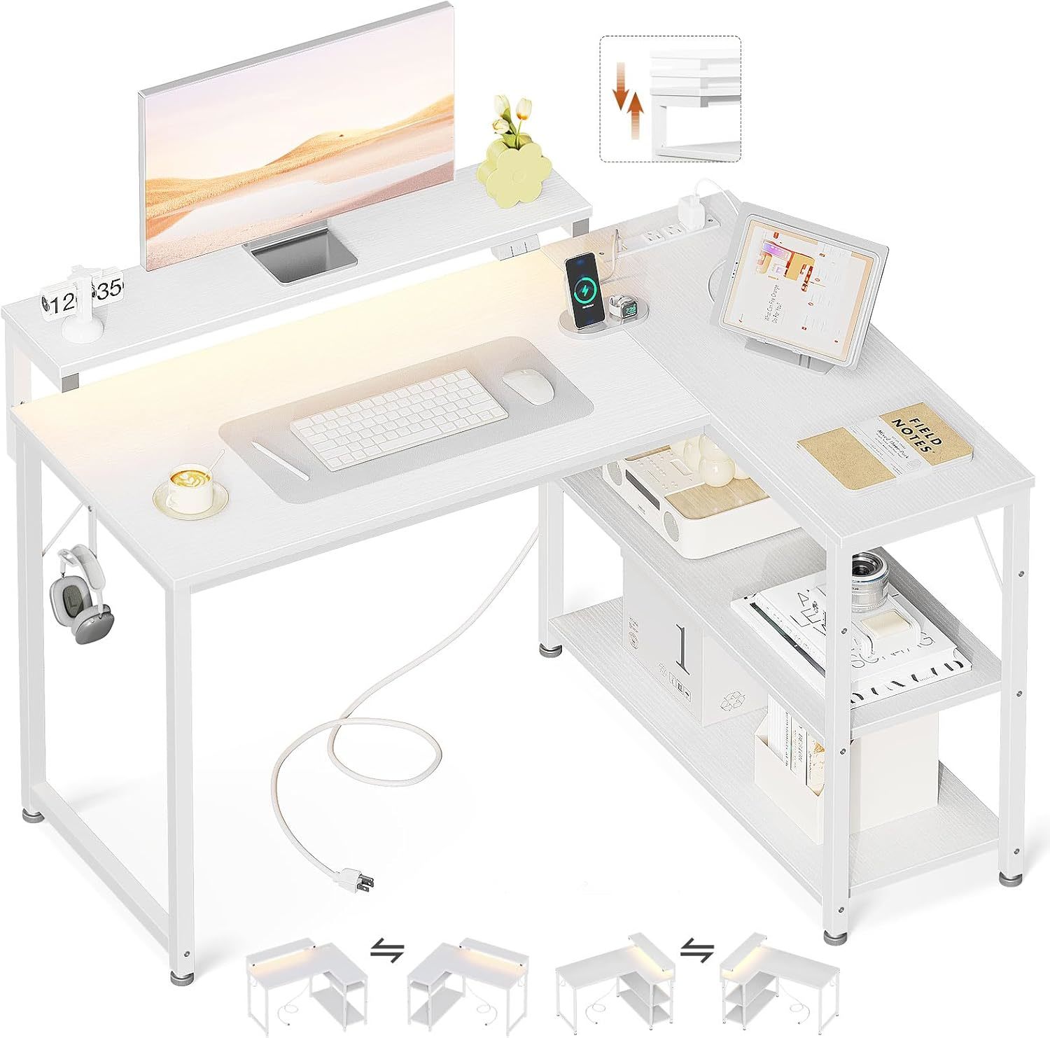 Motpk White L Shaped Gaming Desk With Power Outlet, Reversible, Home ...