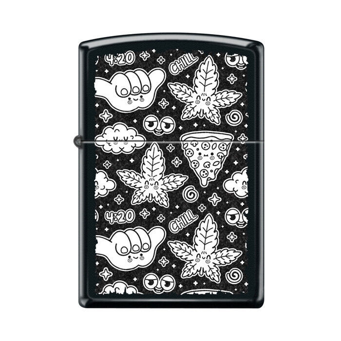 Zippo Lighter - White Drawing of Leaf, 4:20, and Signs on Black Matte ...