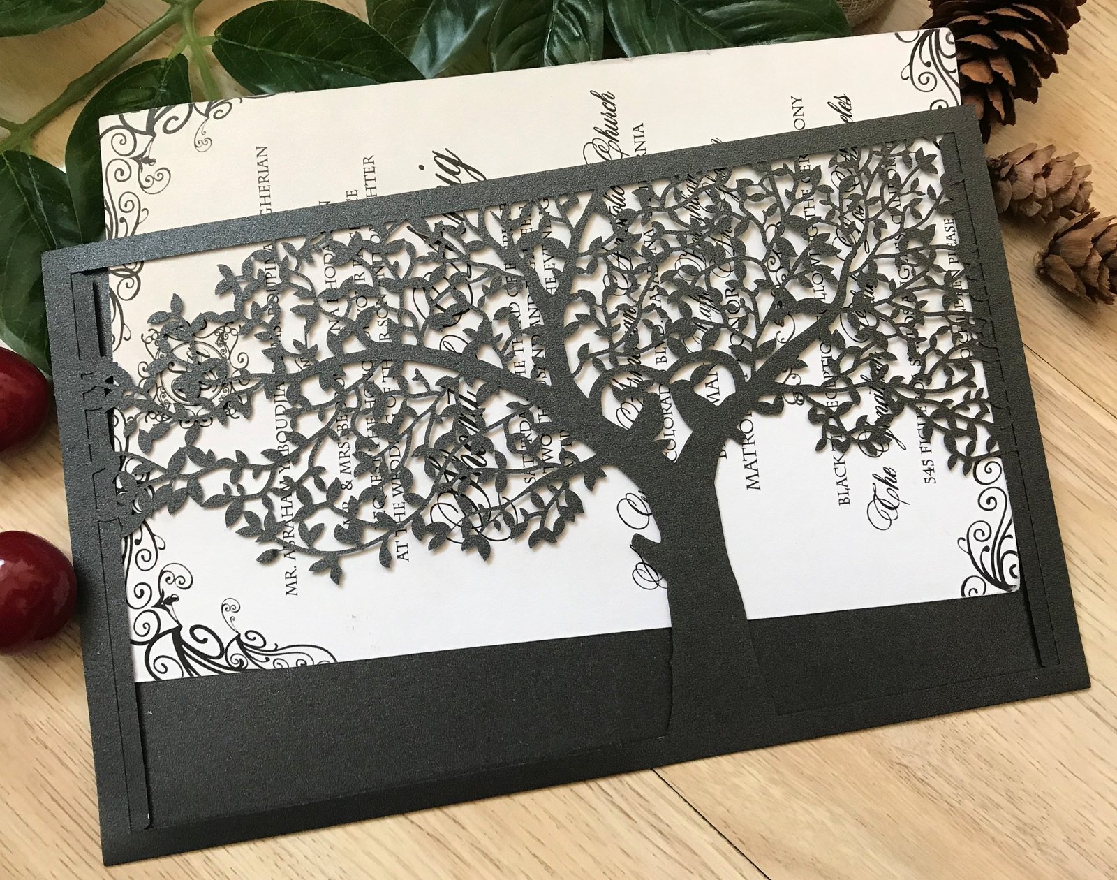 50pcs Pearl Black Tree birthday invitations,Pocket Laser cut wedding ...