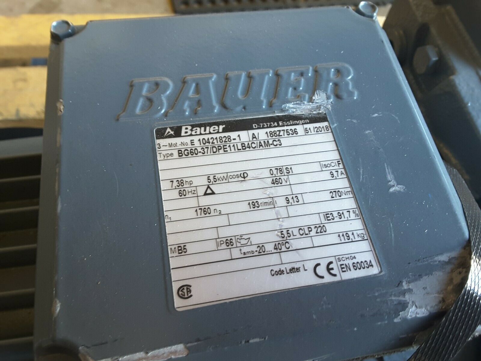 BAUER BG Helical Gear Motor Bg 60-37/DPE11LB4C/AM-C3 BG 7-3/8 HP 5.5KW ...