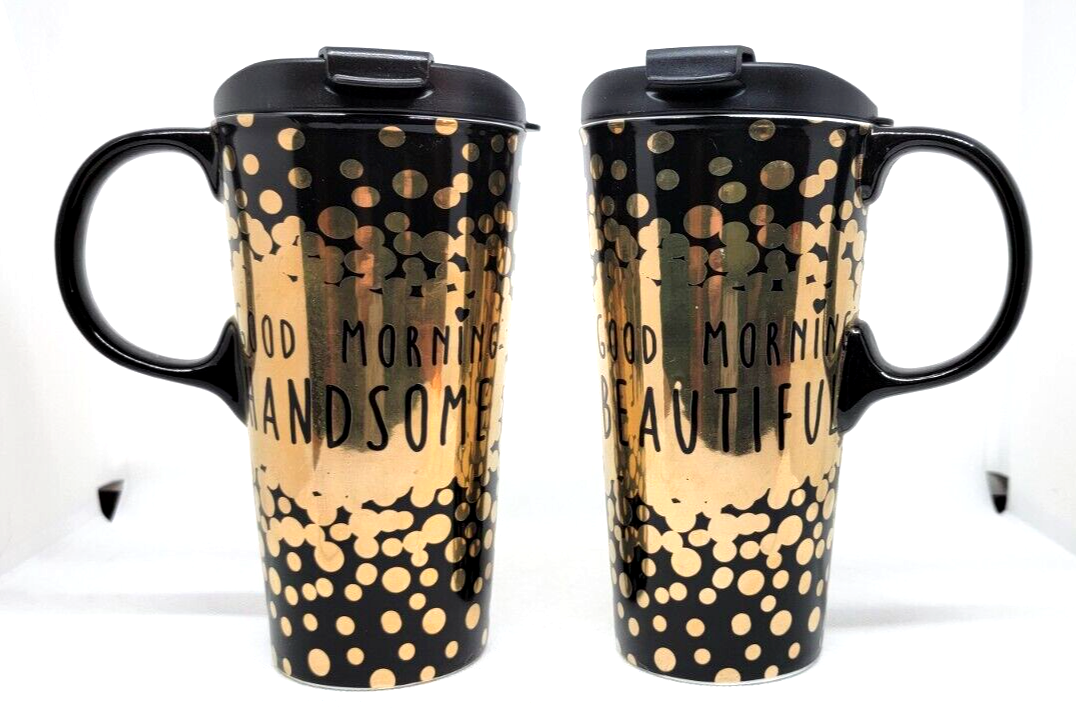 TWO Cypress Travel Mugs GOOD MORNING HANDSOME, GOOD MORNING BEAUTIFUL ...