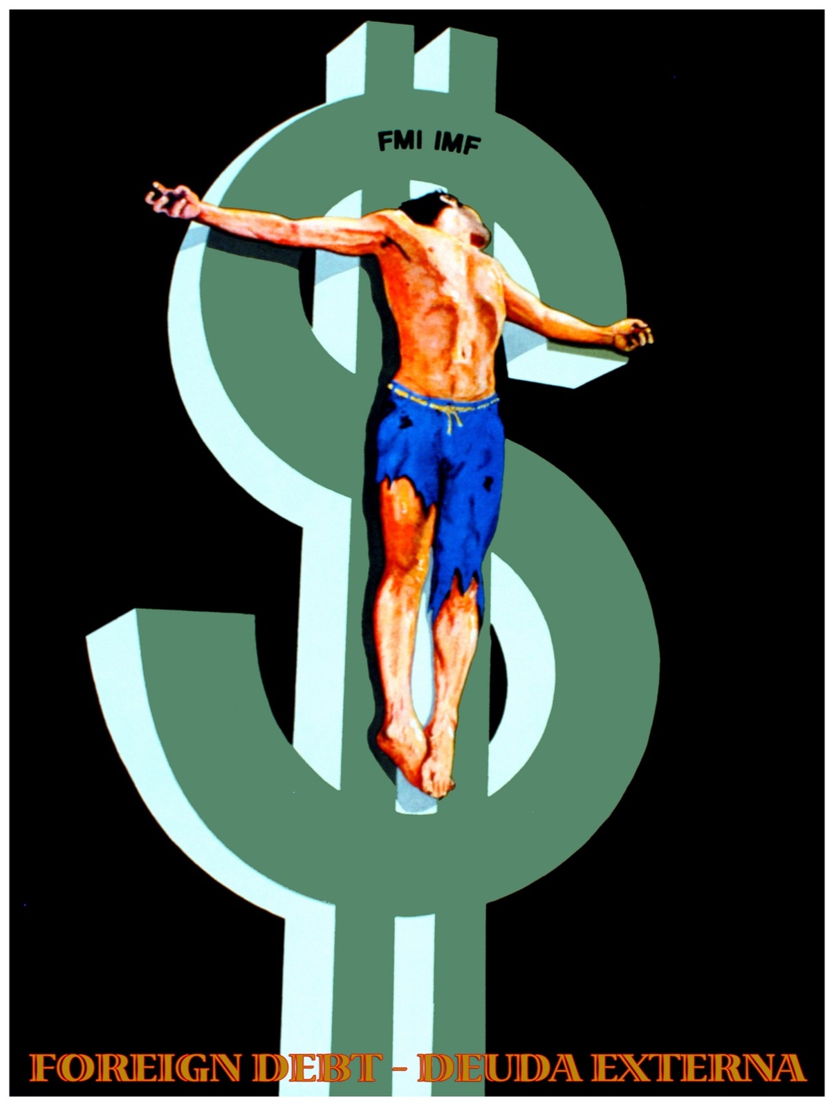 8159.Foreign debt.man hoisted on giant dollar sign.POSTER.art wall ...