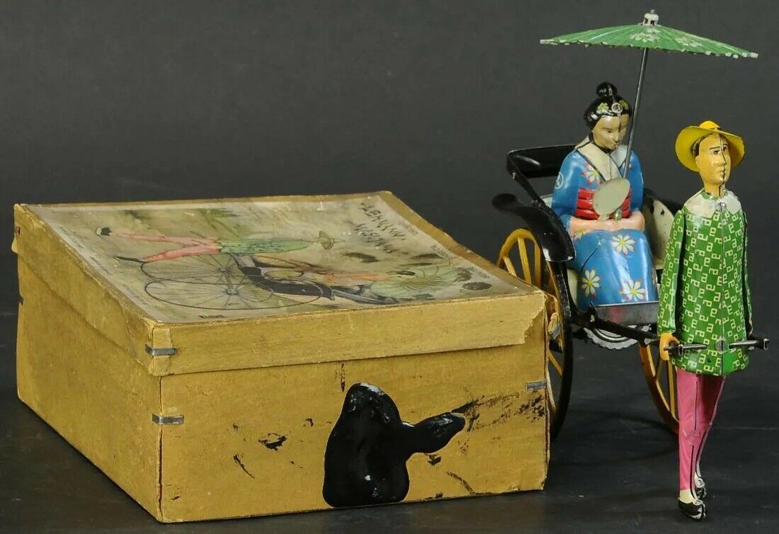 Vintage LEHMANN TIN WINDUP MASUYAMA RICKSHAW w/ ORIGINAL BOX - Wind-up Toys