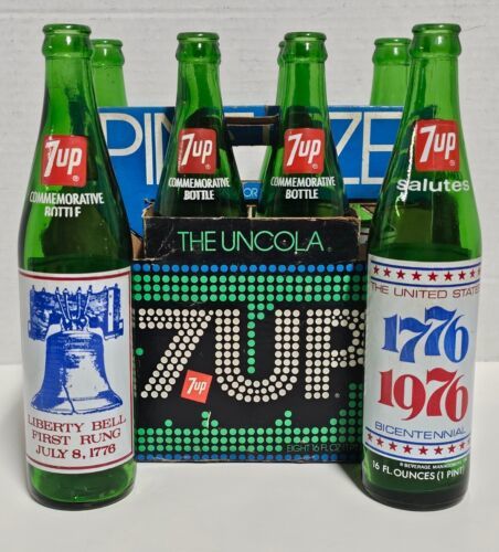VTG 1976 7UP Bicentennial 8-Pack 16 oz 1 Pint Commemorative Bottles w ...