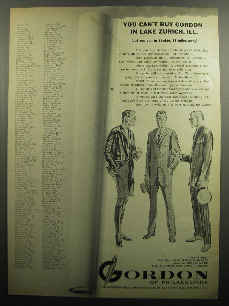 1957 Gordon of Philadelphia Ad - You can't buy Gordon in Lake Zurich ...