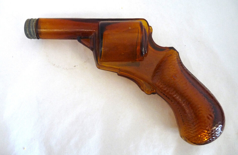 Antique amber glass pistol revolver candy 7" pressed with cap bottle ...