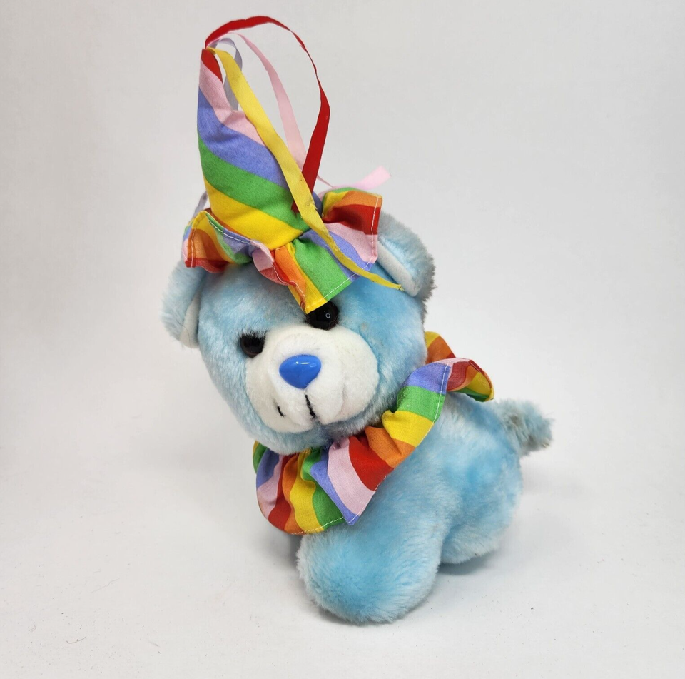 VINTAGE BLUE TEDDY BEAR RAINBOW HAT + COLLAR STUFFED ANIMAL PLUSH TOY ...