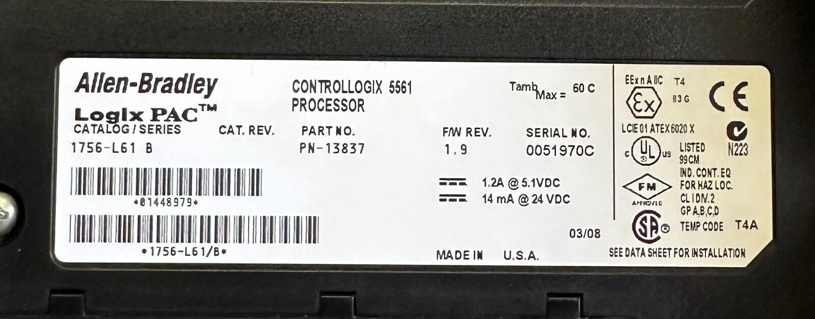 ALLEN BRADLEY 1756-L61 /B ControlLogix Logix5561 2MB PROCESSOR RS-232 ...
