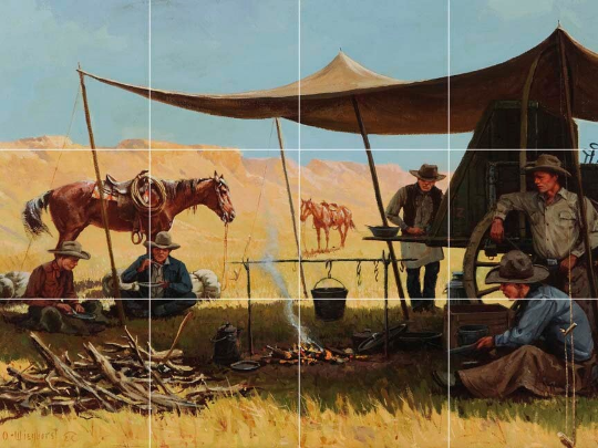 branding the cattle country western cowboys ceramic tile mural ...