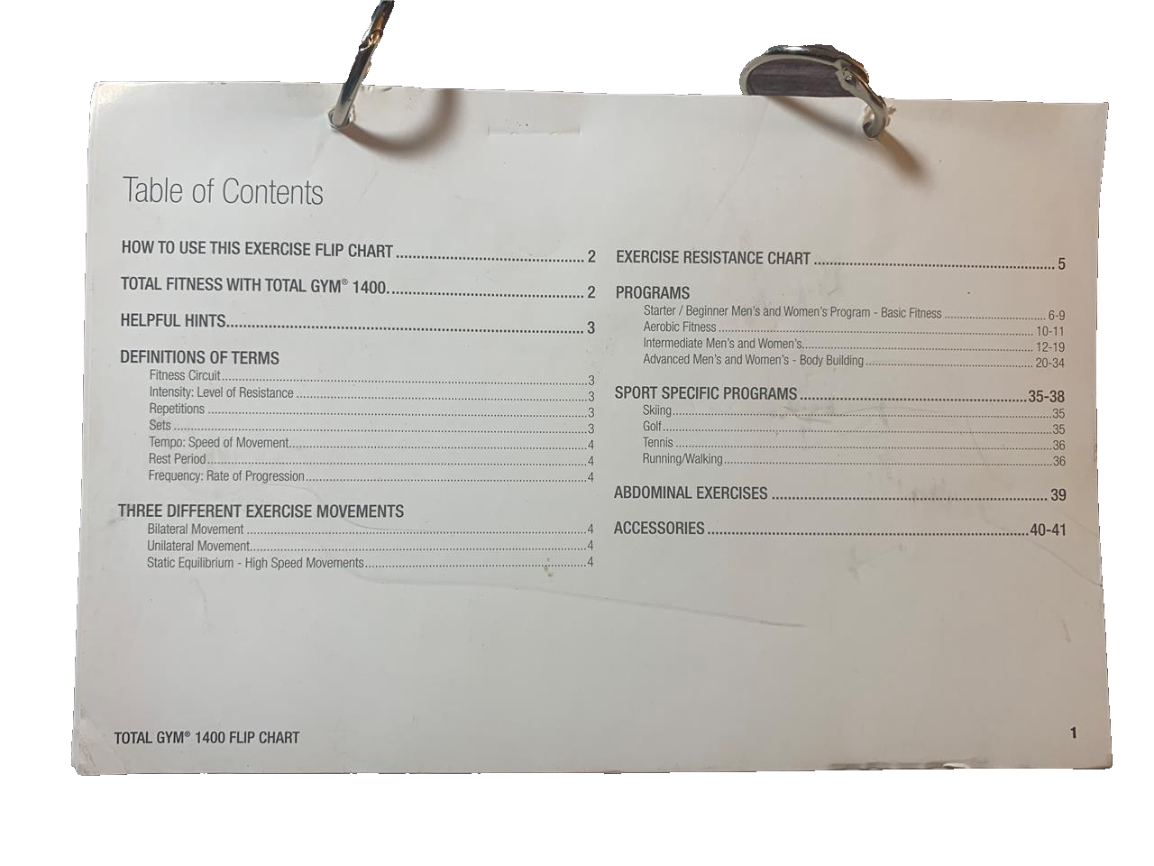 Total Gym 1400 Exercise Flip Chart no Cover Page - Home Gyms