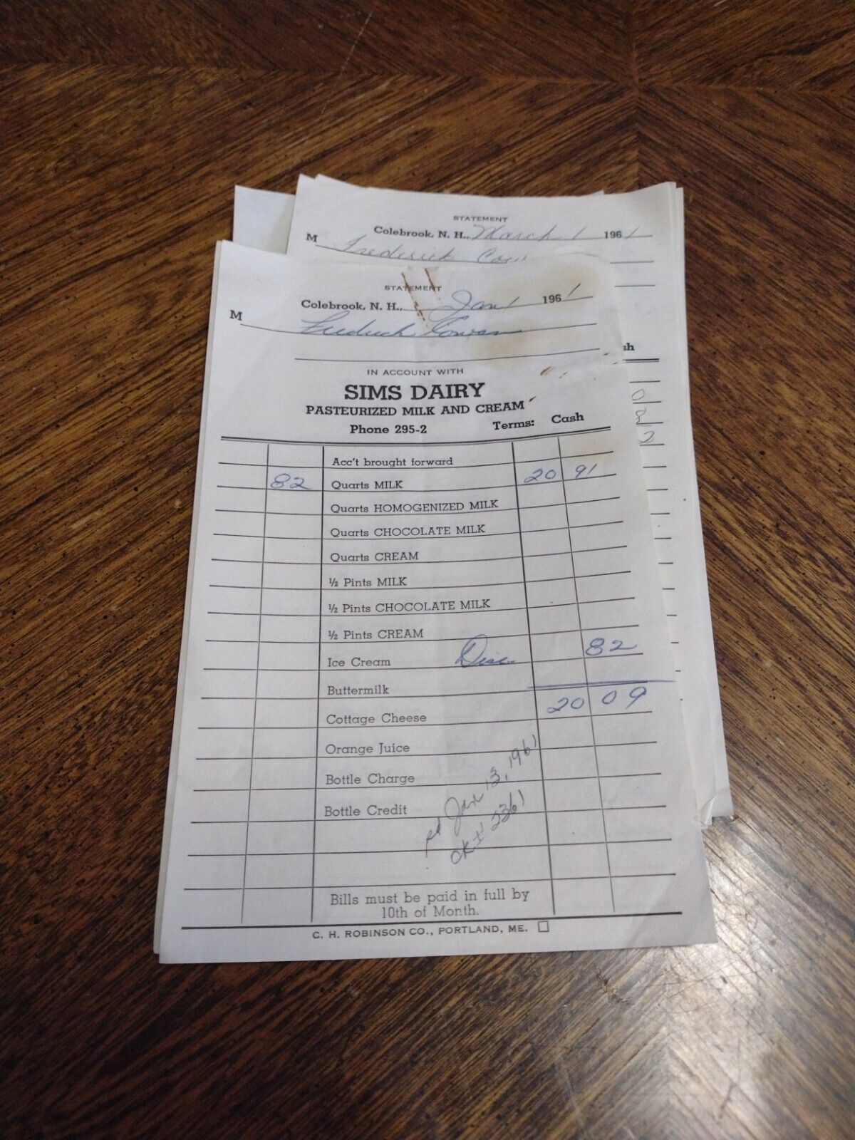 1960s SIMS DAIRY COLEBROOK N.H. New Hampshire Statement Invoices MILK ...