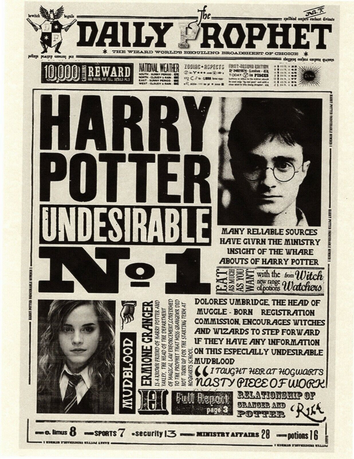 Harry Potter Undesirable Number 1 Wanted Poster Daniel Radcliffe Prop ...