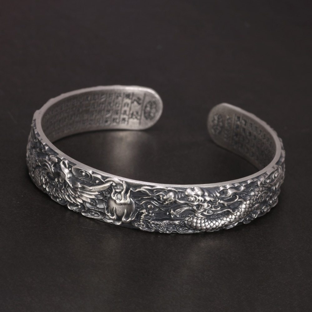 Real 999 Pure Silver Dragon and Phoenix Bangles for Men Heart Sutra Engraved Vin - Bracelets ...