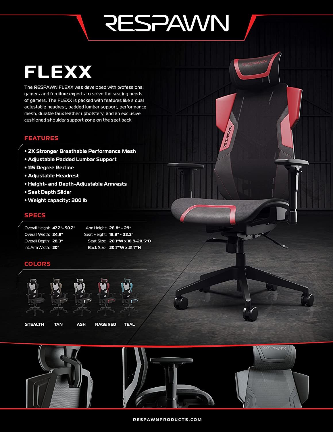 RESPAWN FLEXX Gaming Chair Mesh Ergonomic High Back PC Computer Desk, Grey - Chairs