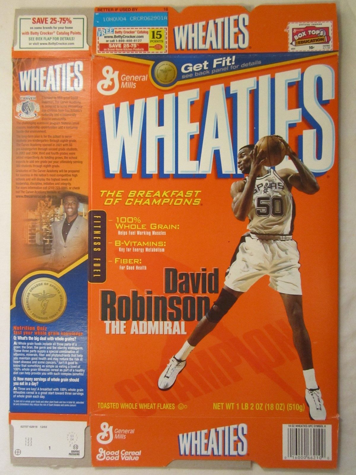 Empty WHEATIES Cereal Box 2003 DAVID ROBINSON The Admiral 18 oz ...