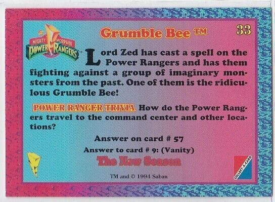 M) 1994 Saban Mighty Morphin Power Rangers Trading Card #33 Grumble Bee ...