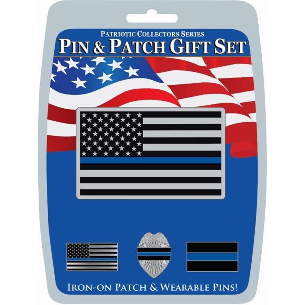 Patriotic Police Blue Line Flag Pin and Patch Set - Pins