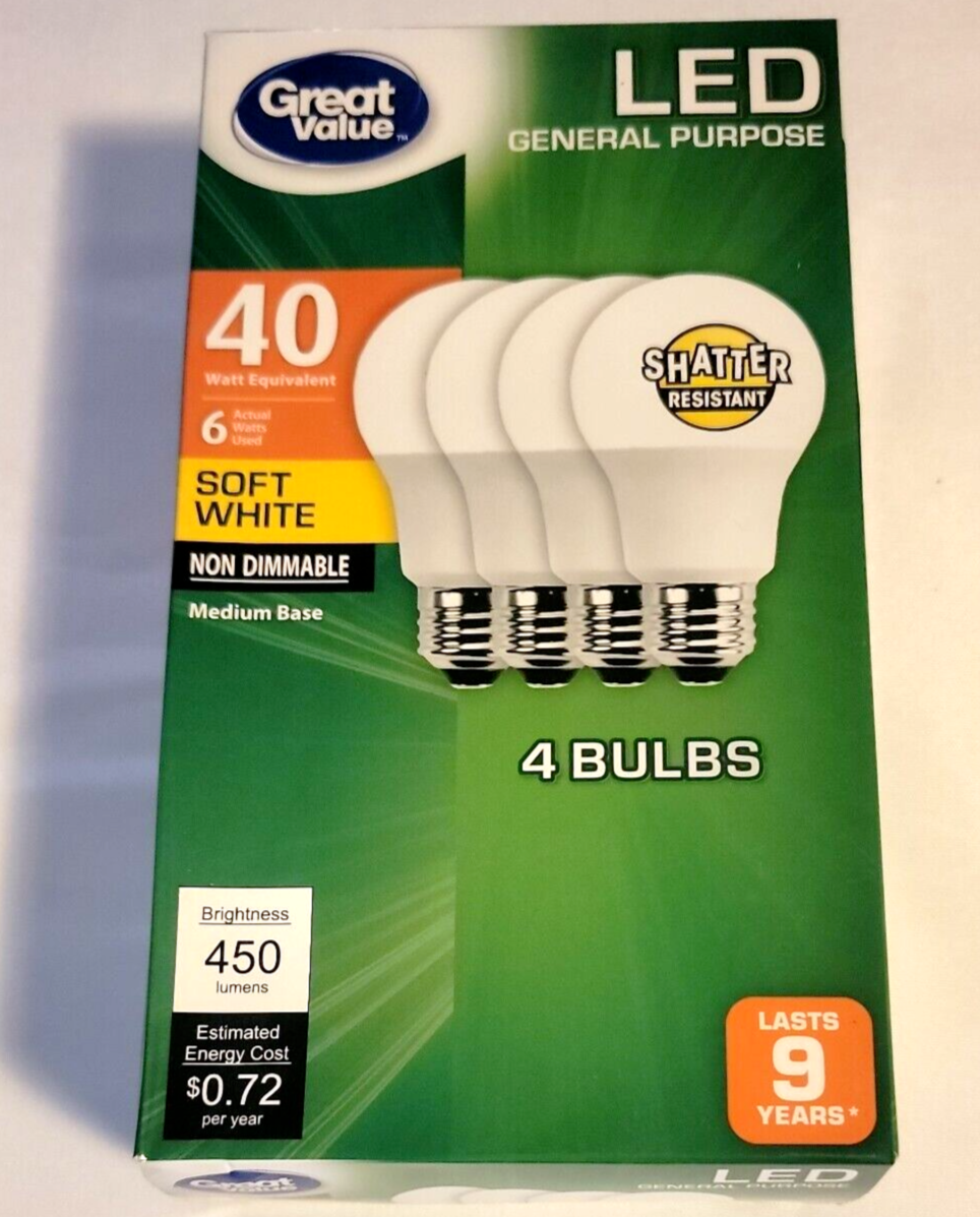 Great Value LED Light Bulb Medium Base Soft White Non Dimmable 6/40 ...