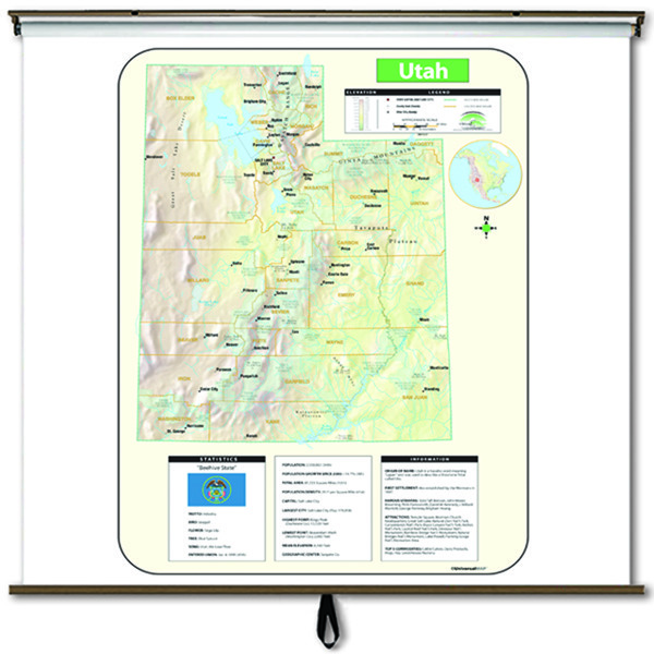 Utah Large Scale Shaded Relief Wall Map on Roller with Backboard - Maps ...