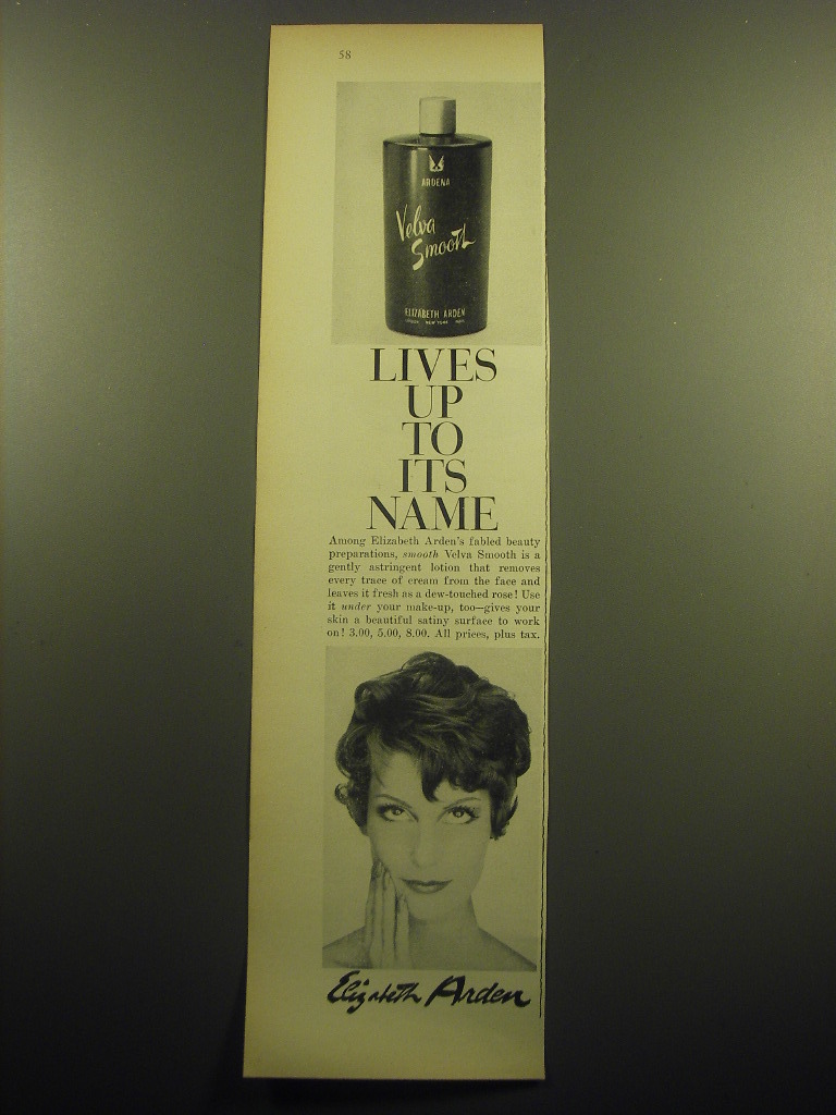 1958 Elizabeth Arden Velva Smooth Lotion Ad and 50 similar items