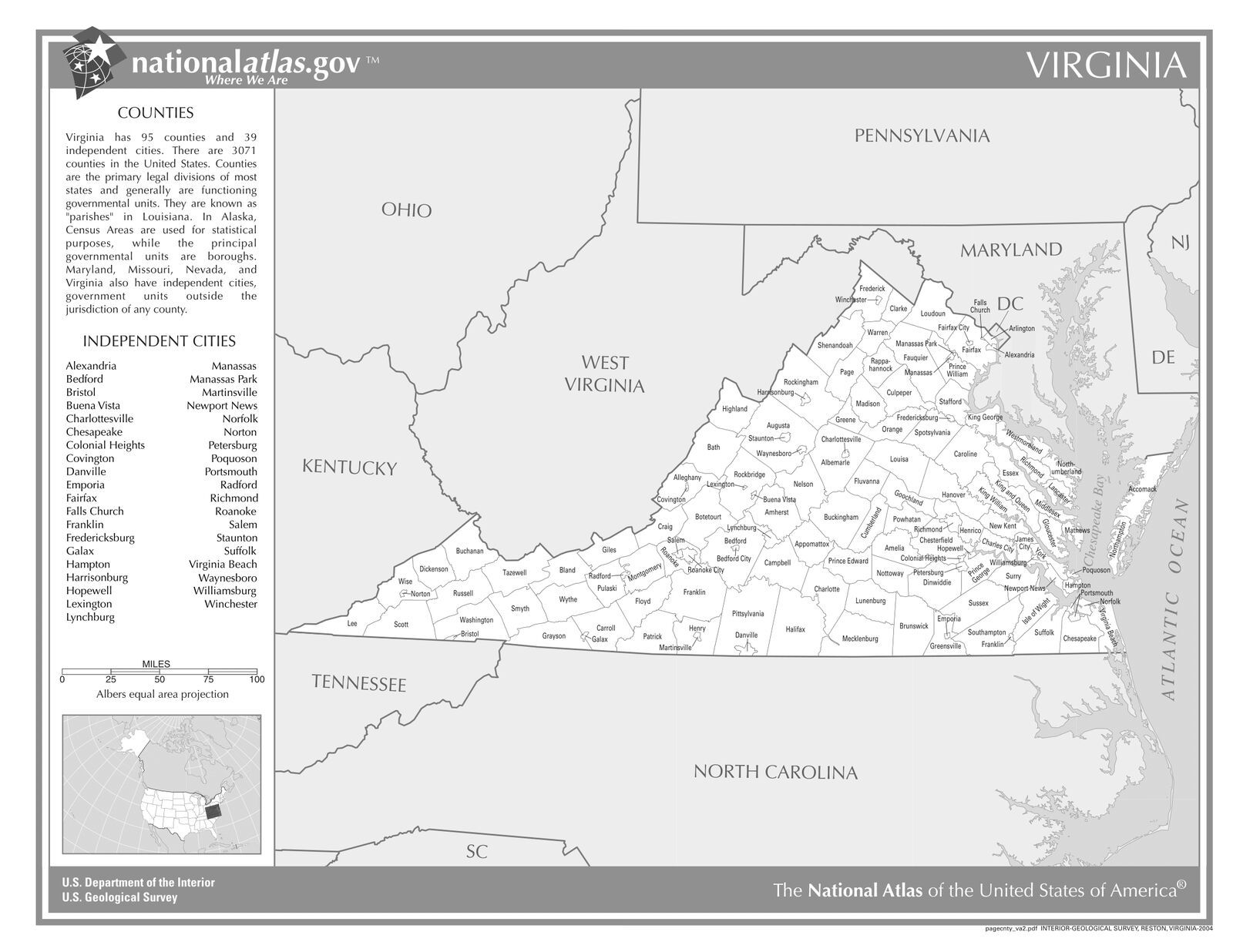 Virginia State Counties (Black&White) Laminated Wall Map - Maps & Atlases