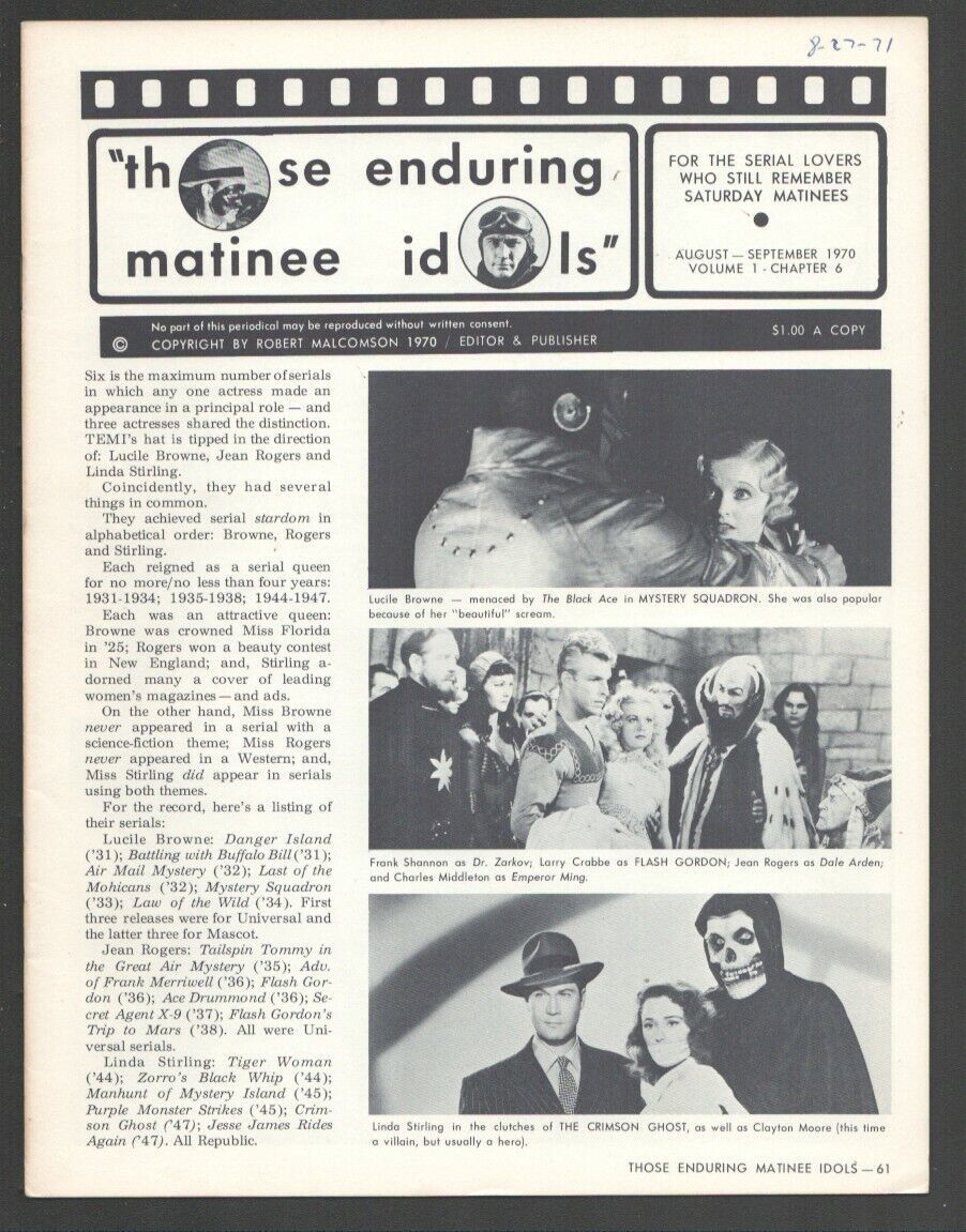 Those Enduring Matinee Idols #6 8/1970-Movie serial fanzine-Film images ...