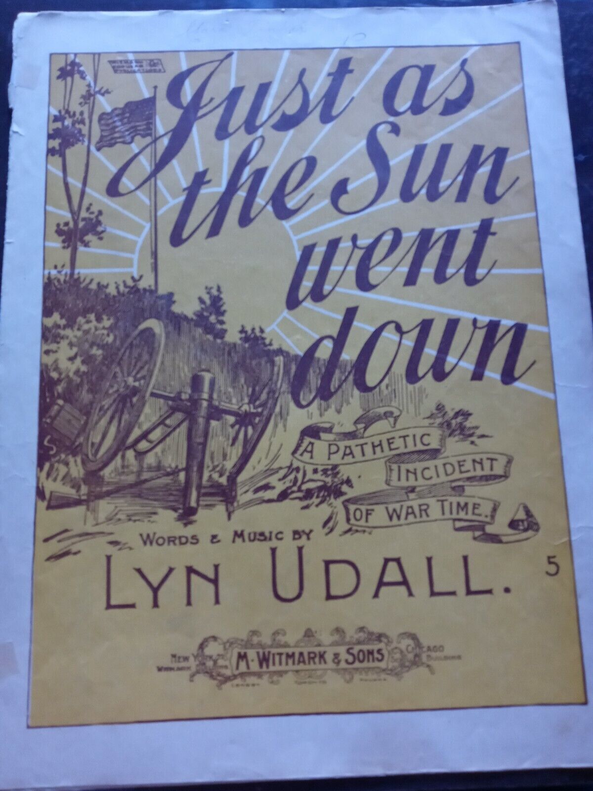 1898 MILITARY SHEET MUSIC "JUST AS THE SUN WENT DOWN" LARGE FORMAT ...