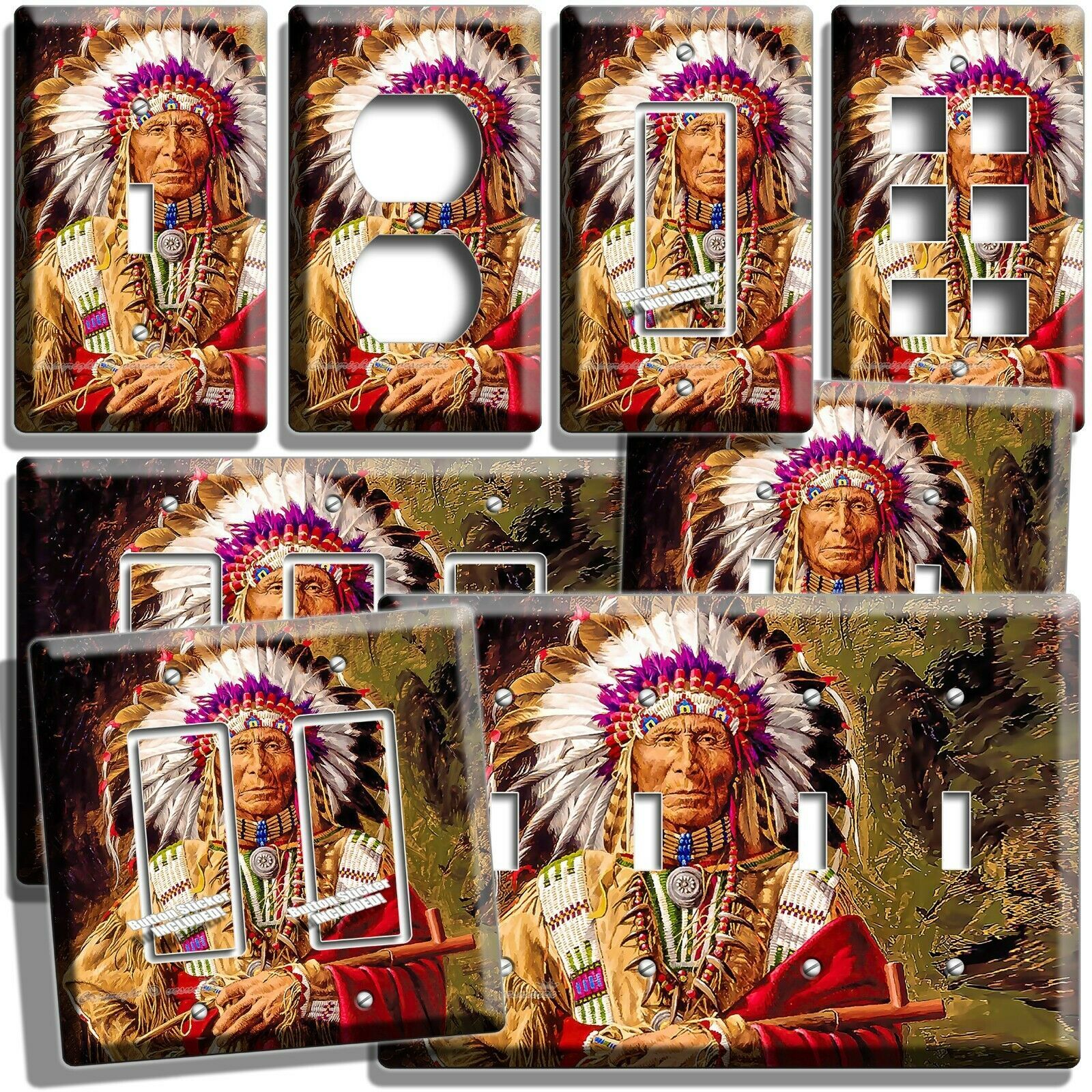 NATIVE AMERICAN INDIAN CHIEF WARBONNETS LIGHT SWITCH OUTLET WALL PLATE ...