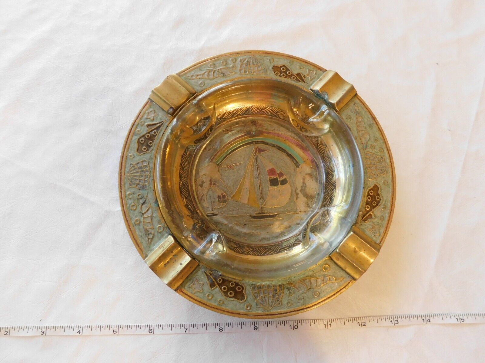 Vintage Penco Industries Brass Ashtray with Glass Insert Cigar Enamel ...