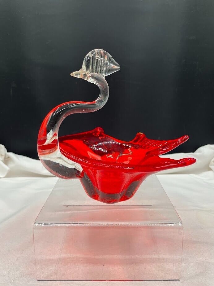 Red and Clear Glass Swan Phoenix Peacock Bird Candy Dish Trinket Dish ...