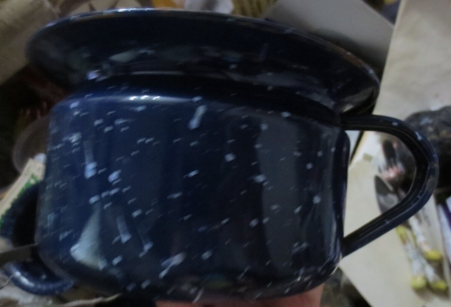 2 Blue Enamelware Speckled Spatterware Cooking Pan Cups Soup Bowls 1 ...