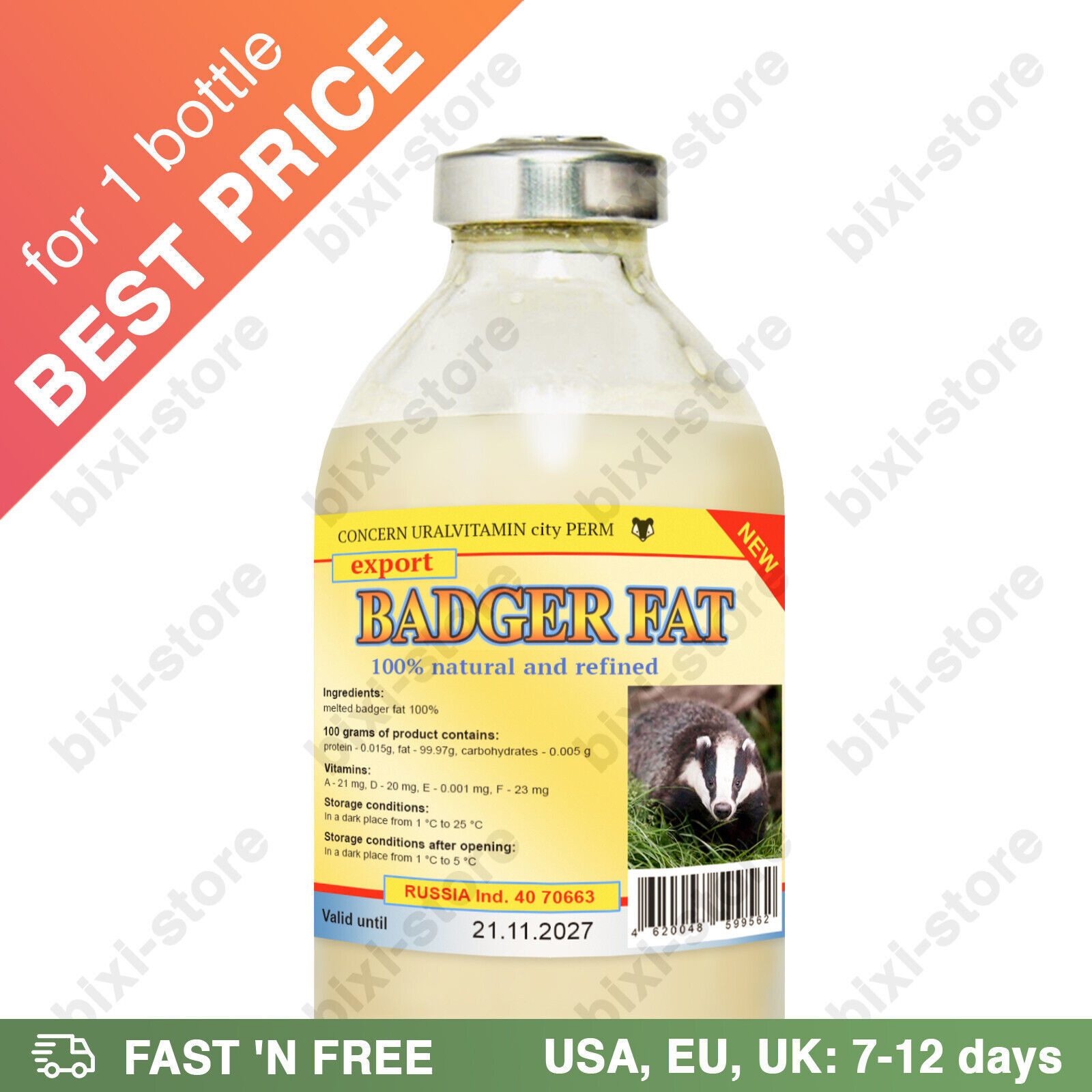 BADGER FAT Natural 250 ml (8.5 fl oz) In Glass Bottle БАРСУЧИЙ ЖИР ...