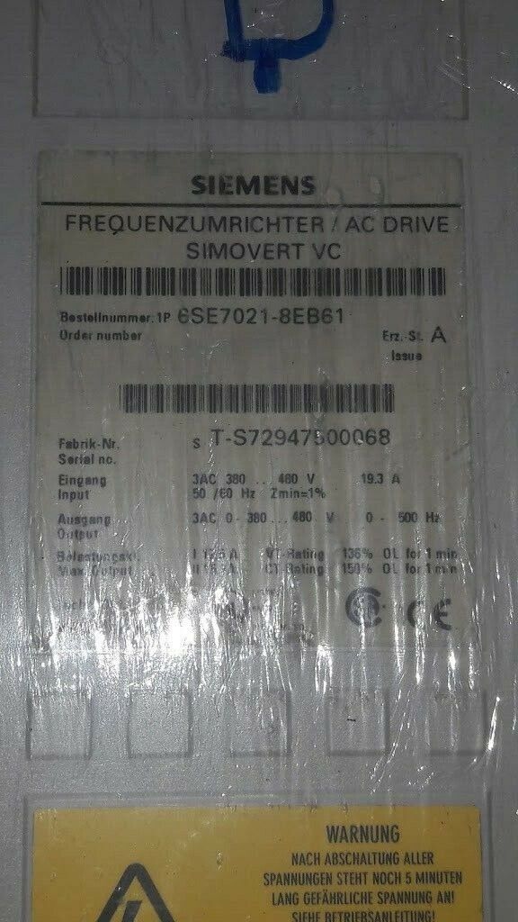 Siemens 6SE7021-8EB61 Frequenzumrichter/Ac Drive Simovert VC 6SE70218EB61 - PLC Processors