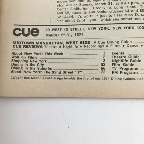 Cue Magazine March 25 1974 Dining in West Side Manhattan, No Label ...