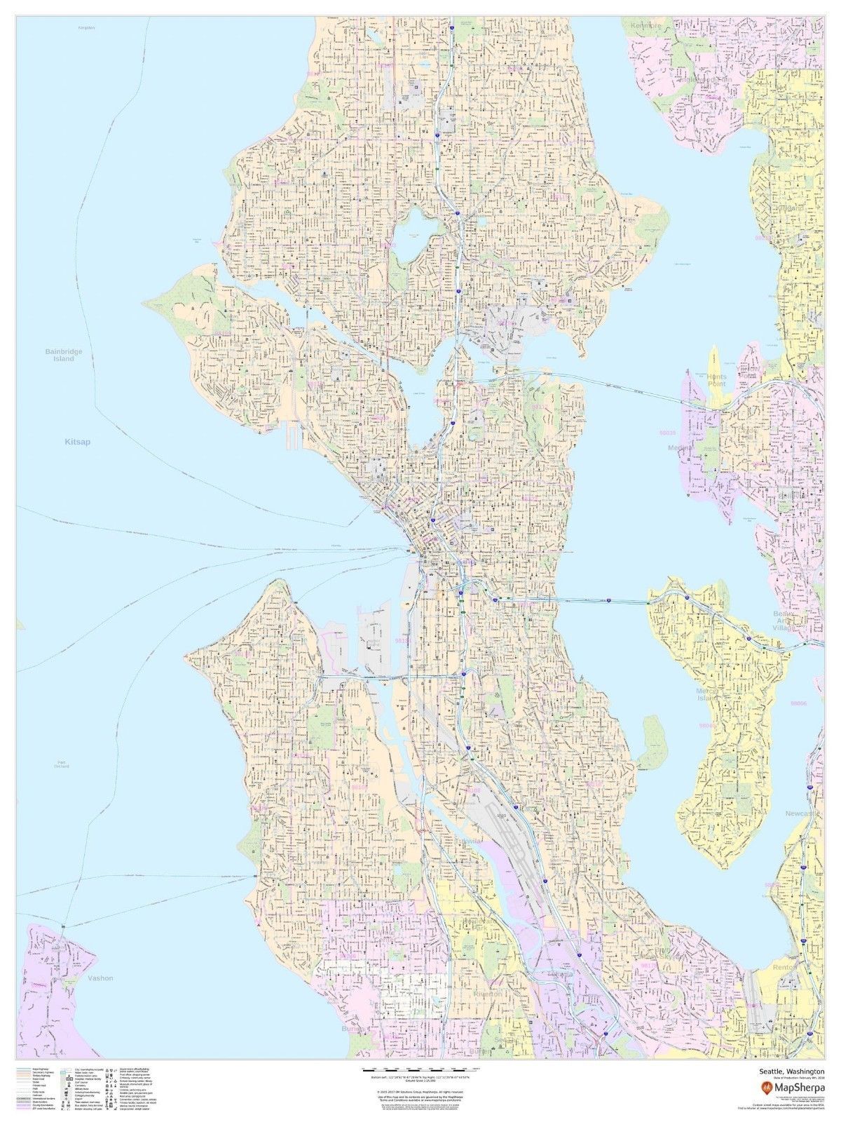 Seattle, Washington Laminated Wall Map (Portrait) (MSH) - Maps & Atlases