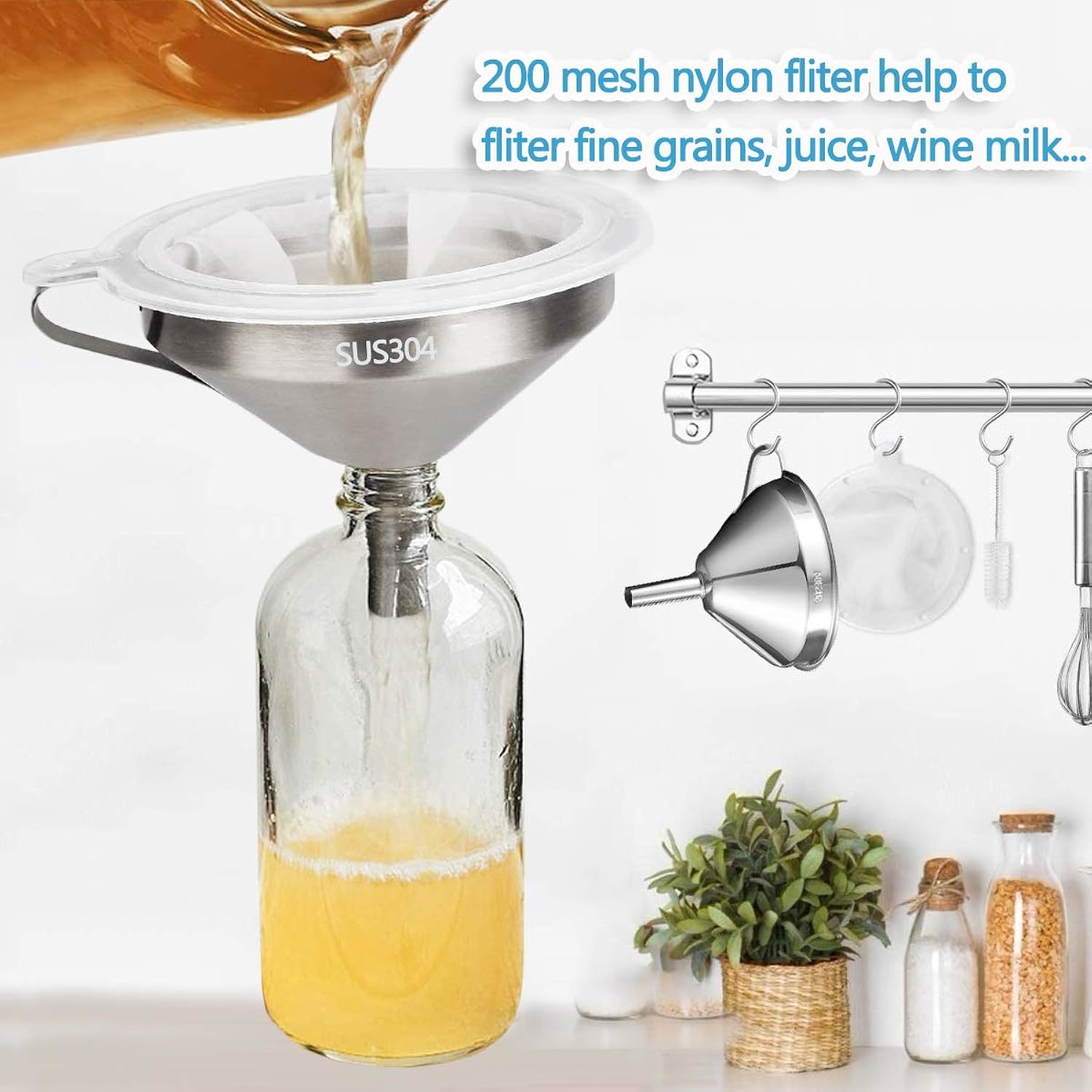 Kitchen Funnel For Filling Bottles, 304 Stainless Steel Food Funnels With Strain - Funnels