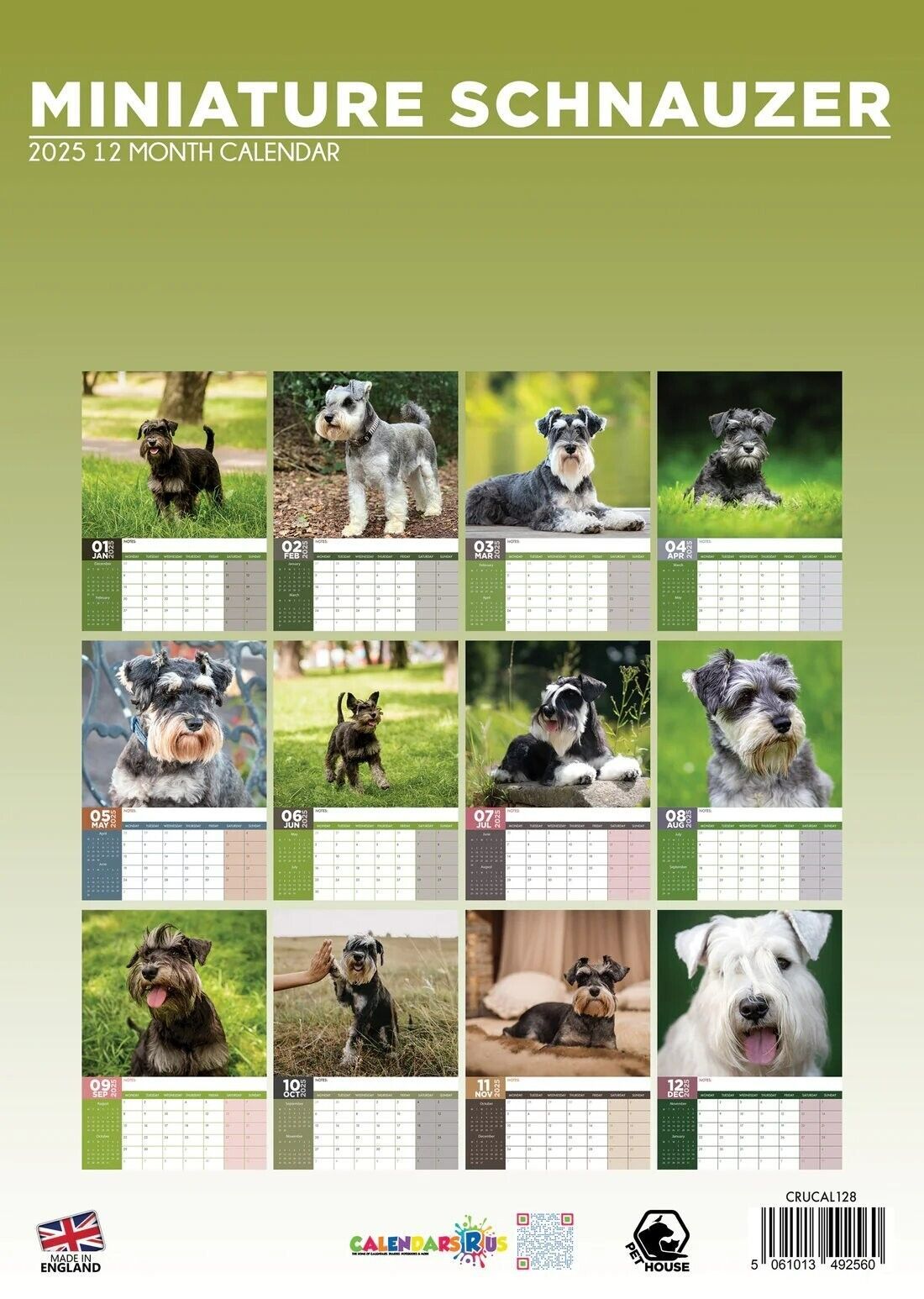 Miniature Schnauzer Dog A3 Calendar 2025 - Dog- Month To View ...