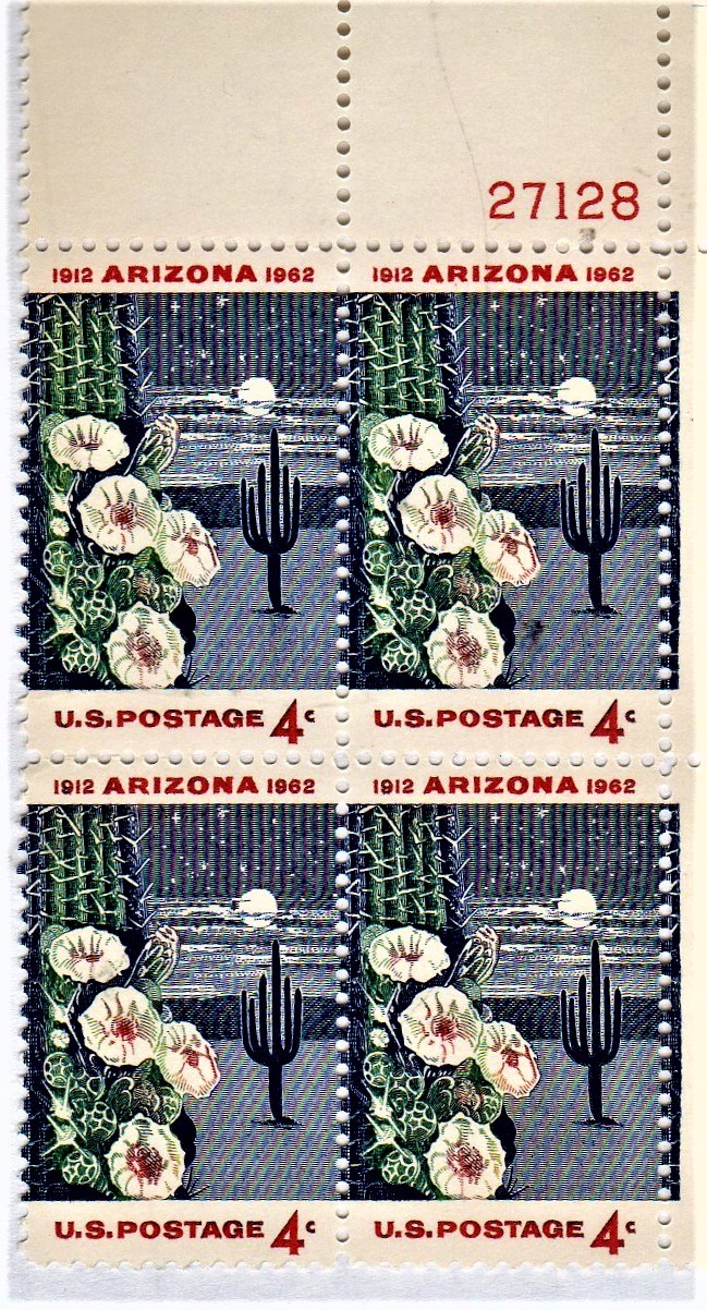 U S Stamp, Arizona, 4 cent Stamp, Plate Block 0f 4 Stamps - Plate ...