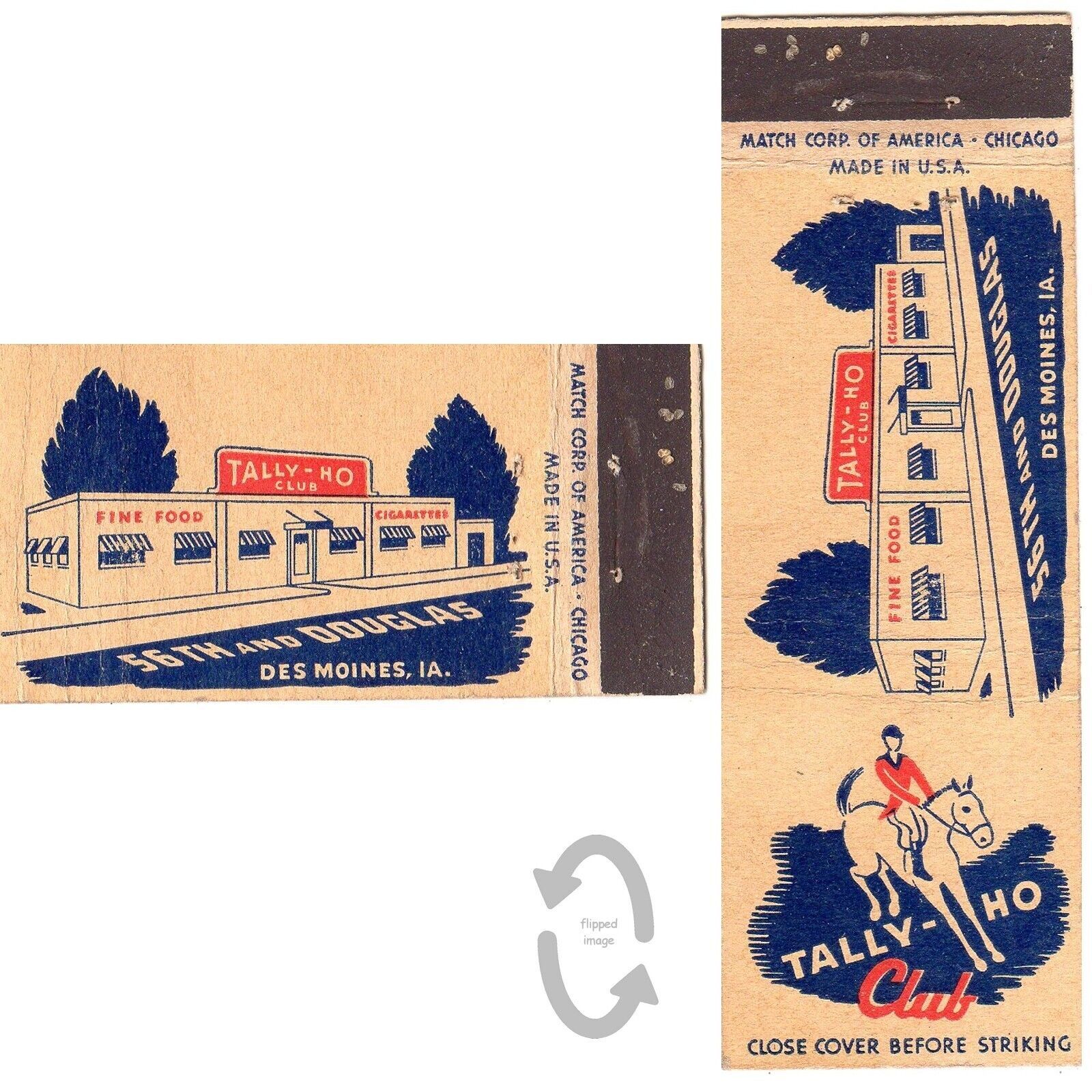 Vintage Matchbook Cover Tally Ho Club Des Moines IA 1940s restaurant V ...