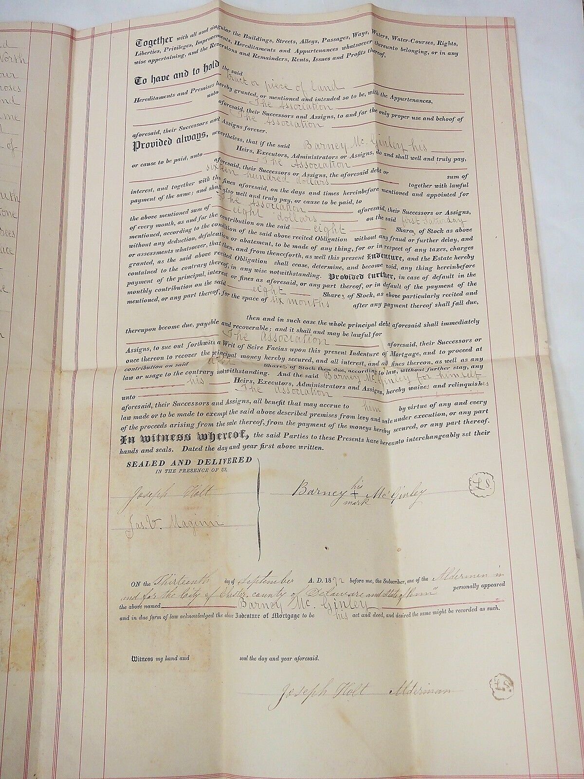 1872 antique INDENTURE LAND DEED ridley delaware co pa BARNEY McGINLEY ...