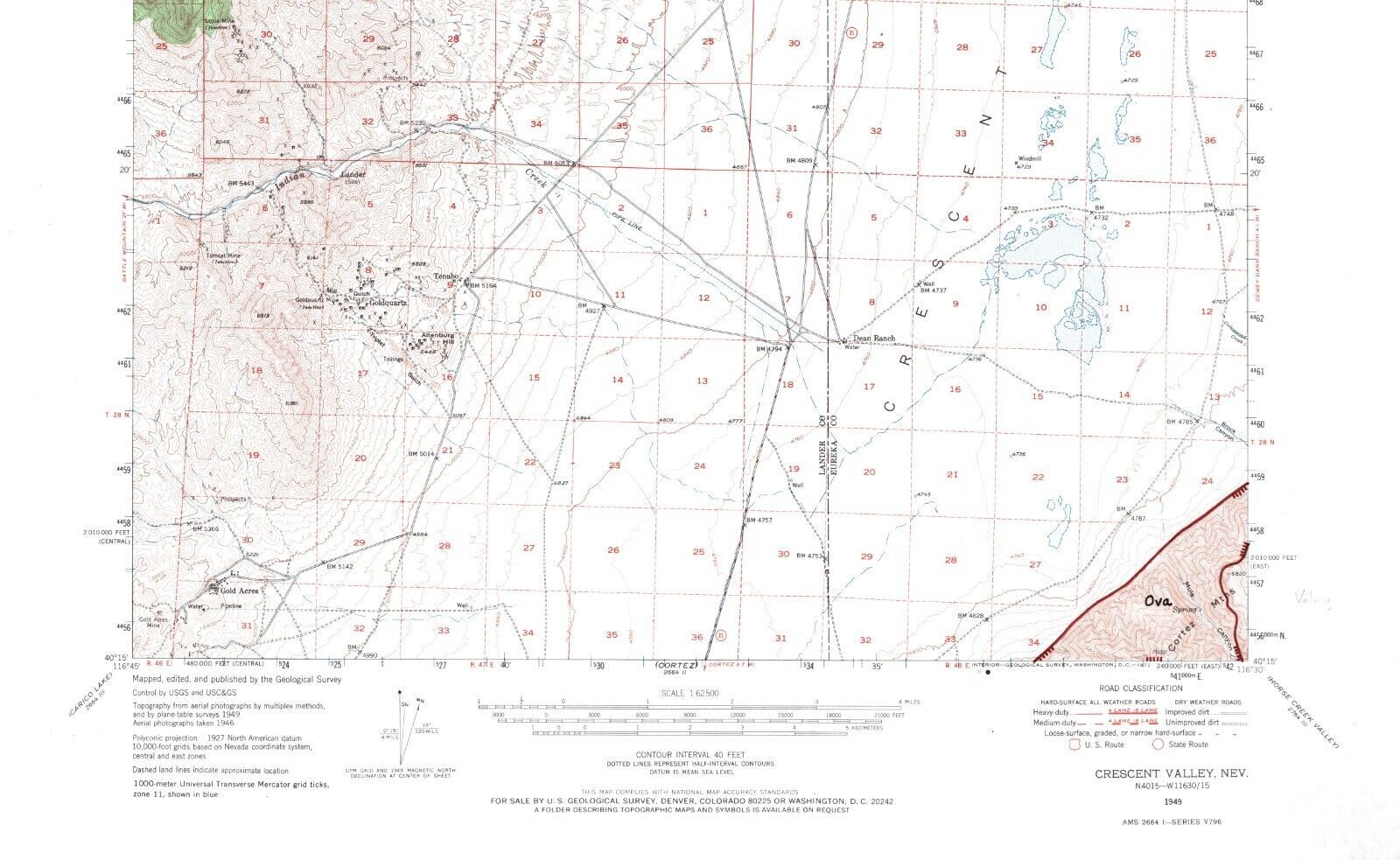Crescent Valley Quadrangle Nevada 1949 Topo Map USGS 15 Minute with ...