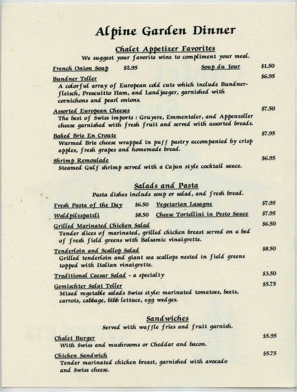 Chalet Suisse Alpine Garden Lunch & Dinner Menus & Brochure Nederland ...