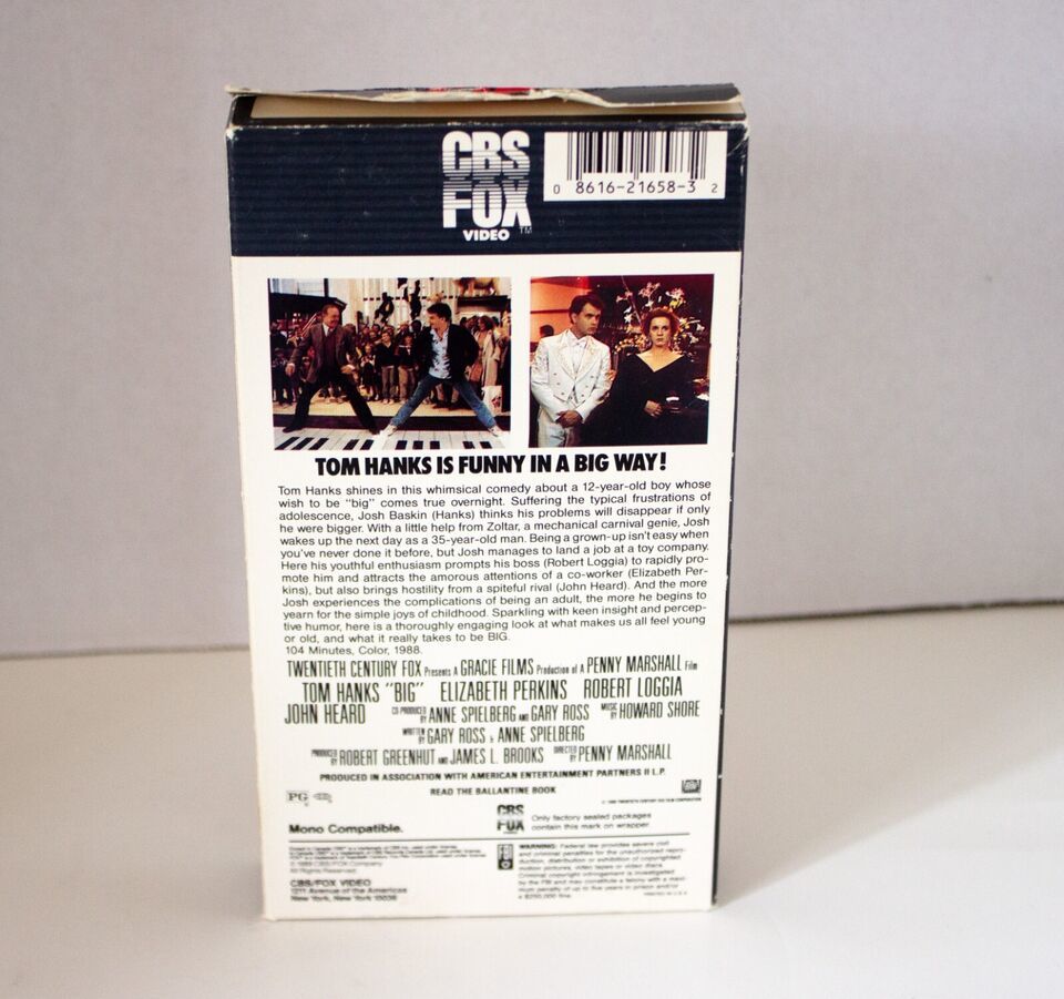 Big 1988 VHS Tom Hanks 20th Century Fox Comedy Penny Marshall PG - VHS ...