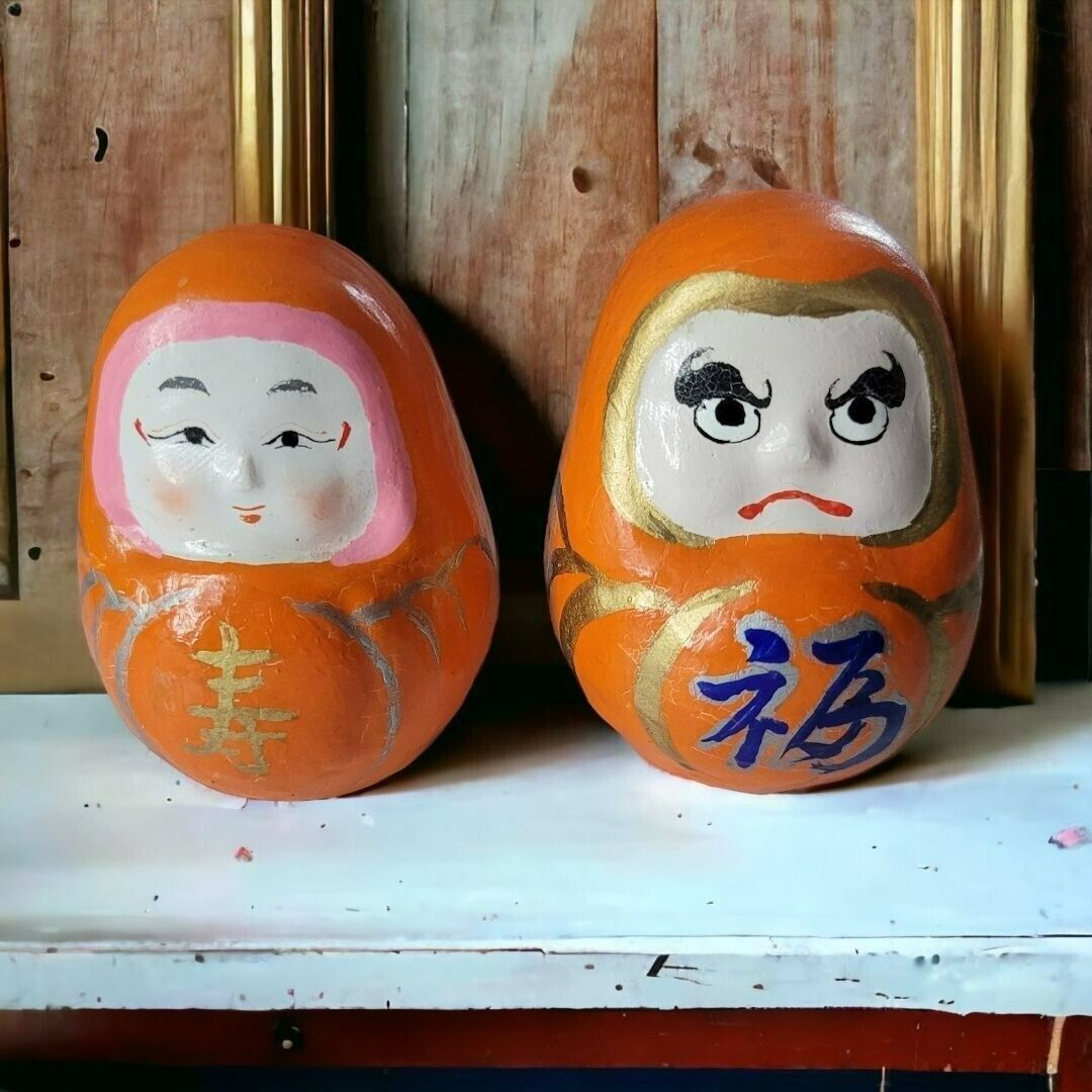 Daruma Doll Pair Orange Happy Angry Emotions Expressive 3 Inch - Dolls